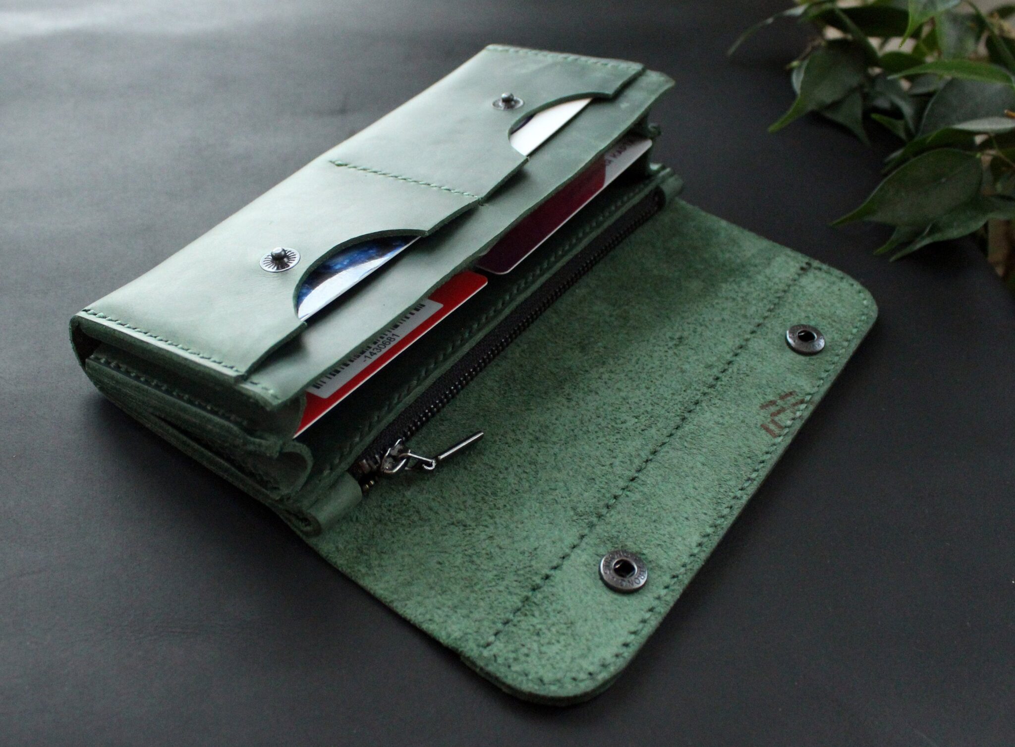 Handmade large green leather wallet for women | Anger Refuge