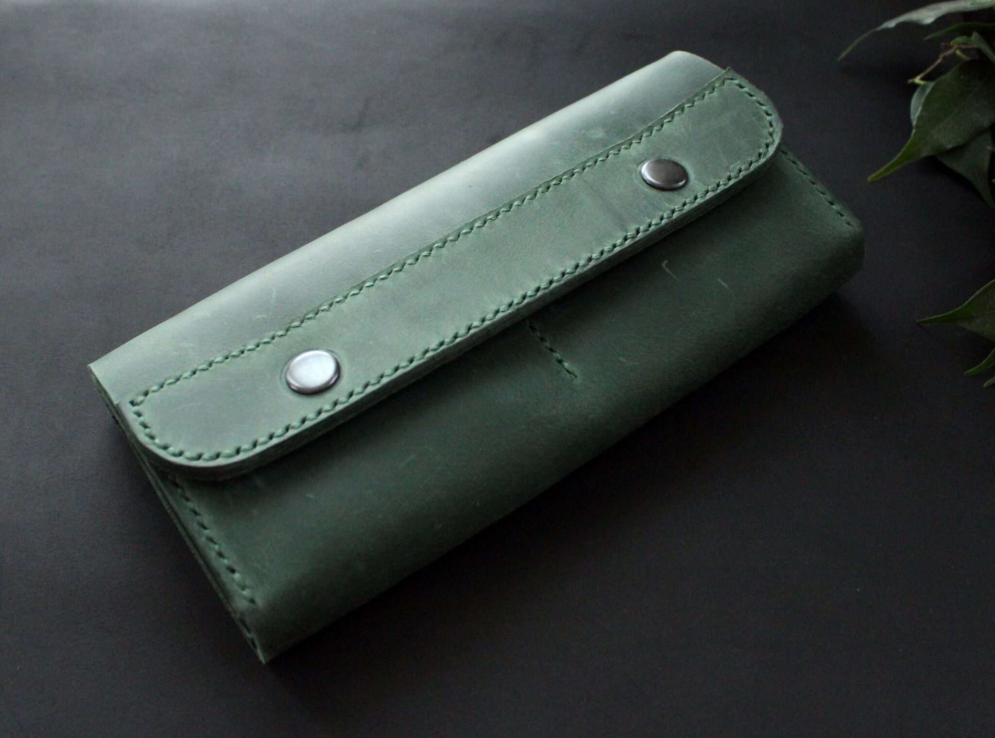 Handmade large green leather wallet for women | Anger Refuge