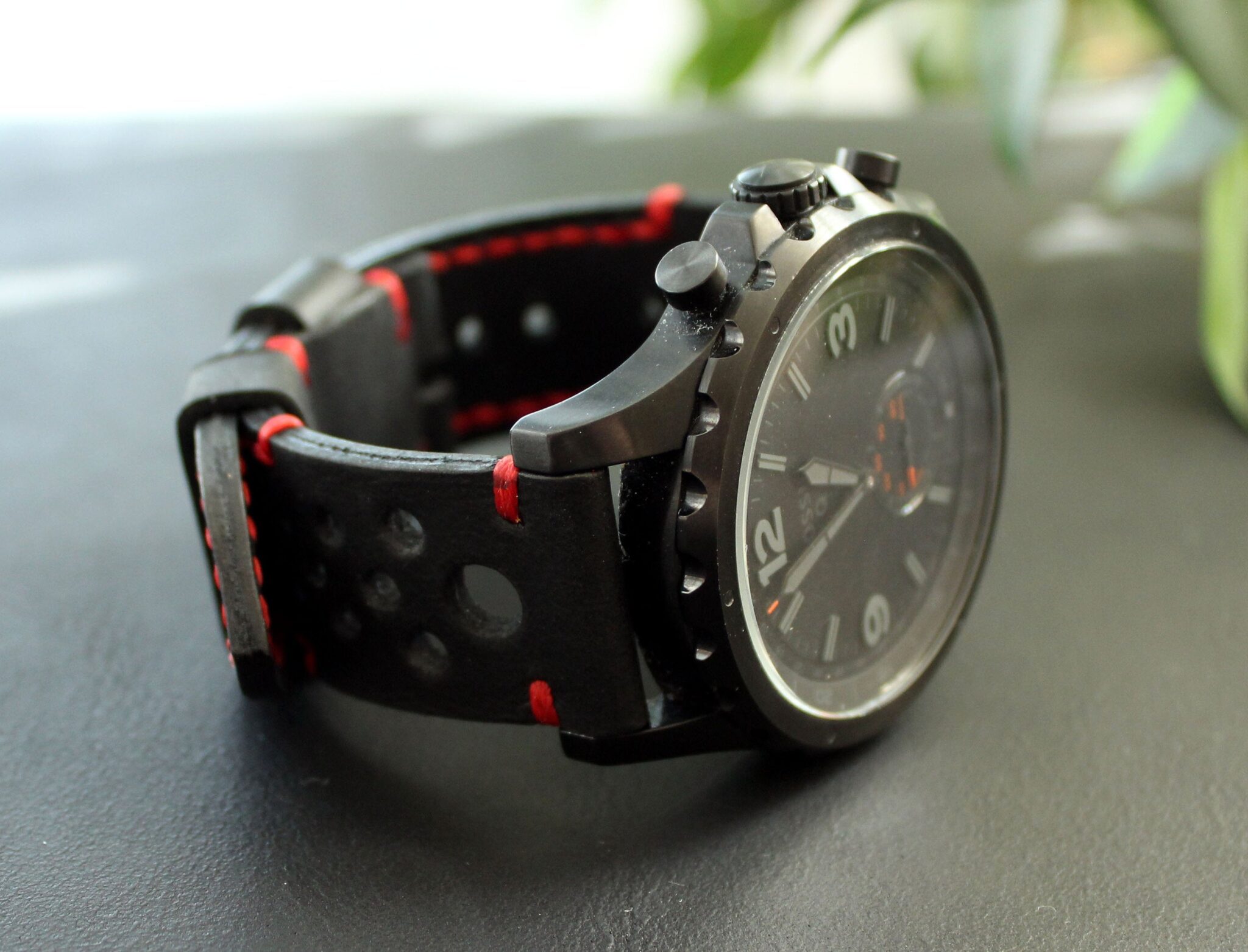 Black and red leather watch strap perforated | Anger Refuge