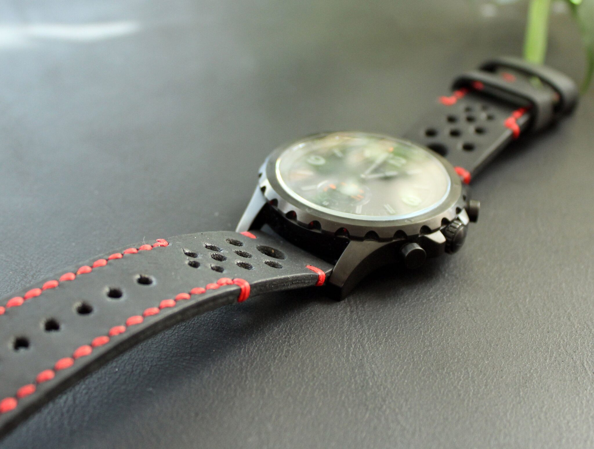 Black and red leather watch strap perforated | Anger Refuge