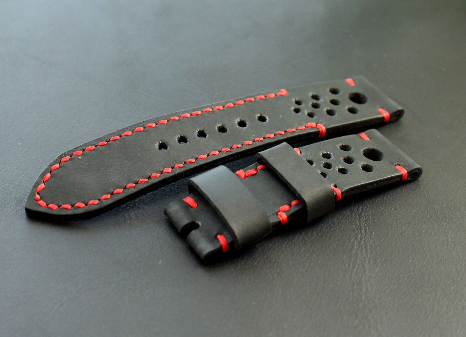 Black and red leather watch strap perforated | Anger Refuge