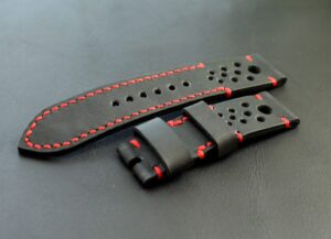 Black and red leather watch strap with hand-perforated details | Anger ...