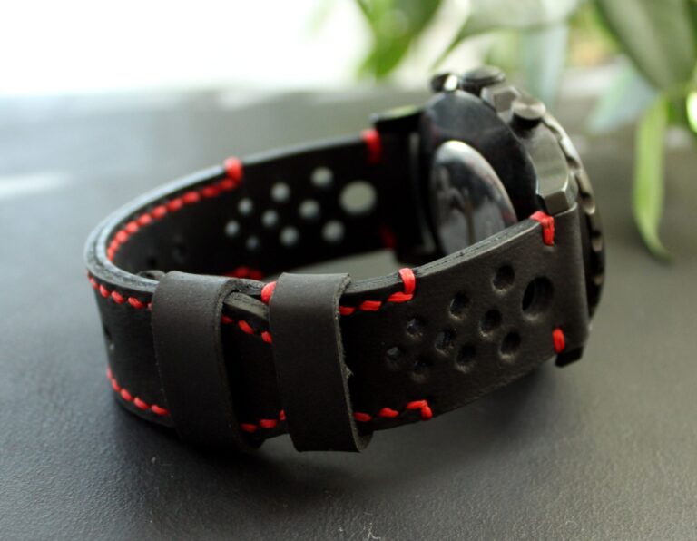 Black and red leather watch strap perforated | Anger Refuge